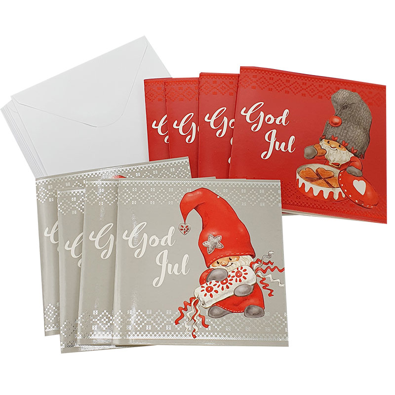 Julkort 12x12 cm - God Jul Tomtar - 8 st